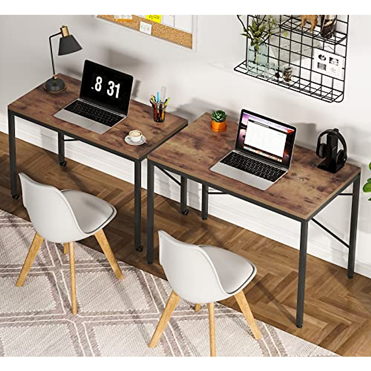 Tribesigns Two Person Computer Desk Double, 39" Simple Small Desks for Small Spaces, Large Writing Workstation + Modern Mini Table on Wheels Lockable, Home Office Desks for Bedroom Farmhouse Brown