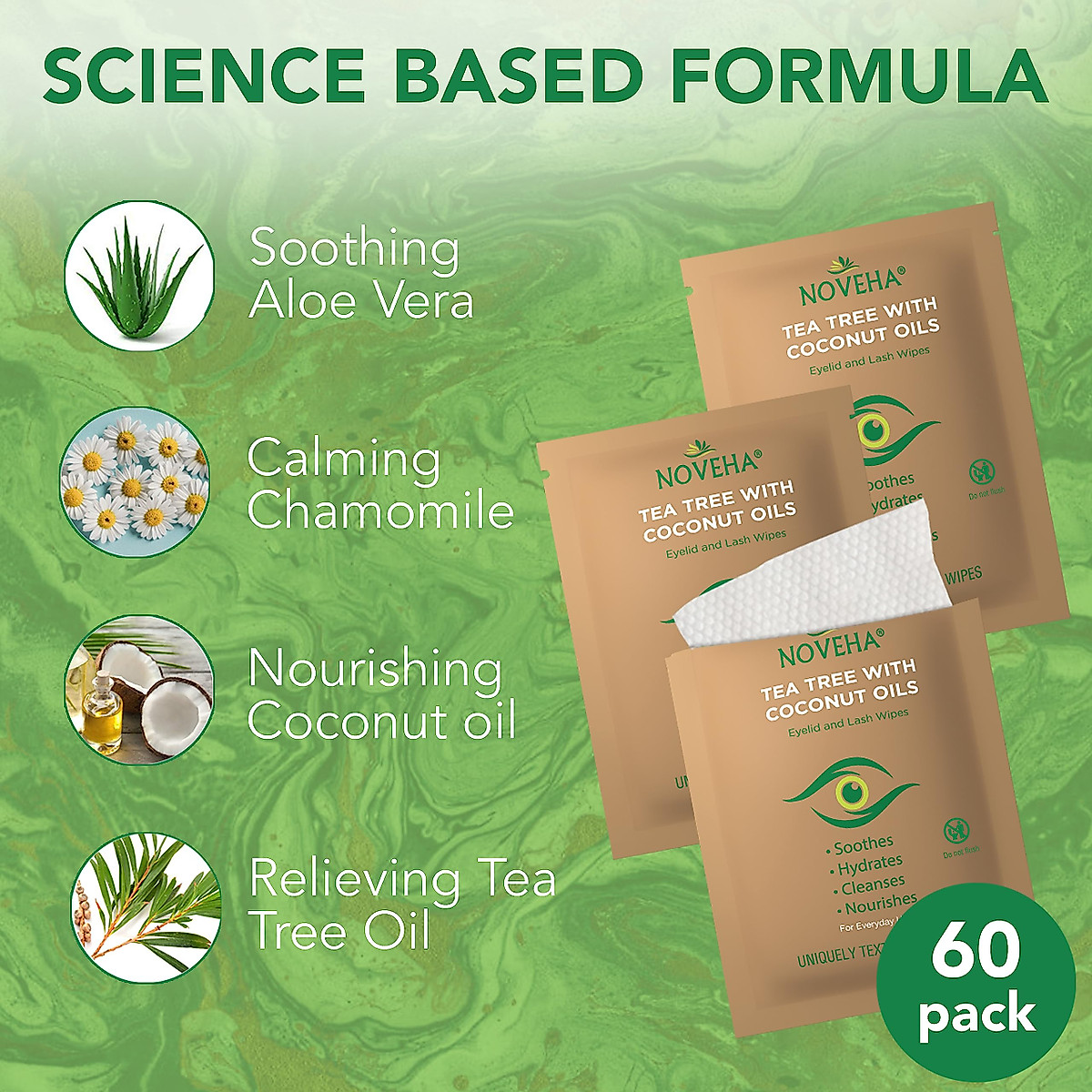 NOVEHA Tea Tree & Coconut Oil Eyelid & Lash Wipes | For Demodex, Blepharitis & Itchy Eyes, Box Of 60 Individually Wrapped Eyelash Wipes With Aloe Vera, Natural Makeup Remover & Daily Eye Cleanser