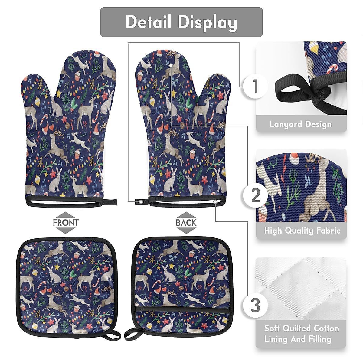 Christmas Deer Oven Mitts and Pot Holders Sets of 2 Heat Resistant Non-Slip Kitchen Gloves Hot Pads with Inner Cotton Layer for Cooking BBQ Baking Grilling