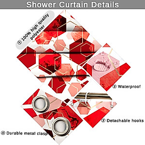 YOKYHOM Bathroom Sets, 4 Piece Geometric Red Bathroom Shower Curtain Sets with Rugs, Incl 71'' x 71'' Polyester Waterproof Shower Curtain with 12 Hooks, Non Slip Bath Mats and Toilet Lid Oval Rug