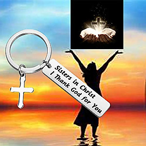 FEELMEM Christian Sister Gift Sisters in Christ I Thank God for You Keychain Religious Sister Jewelry Baptized in Christ Gift(silver)