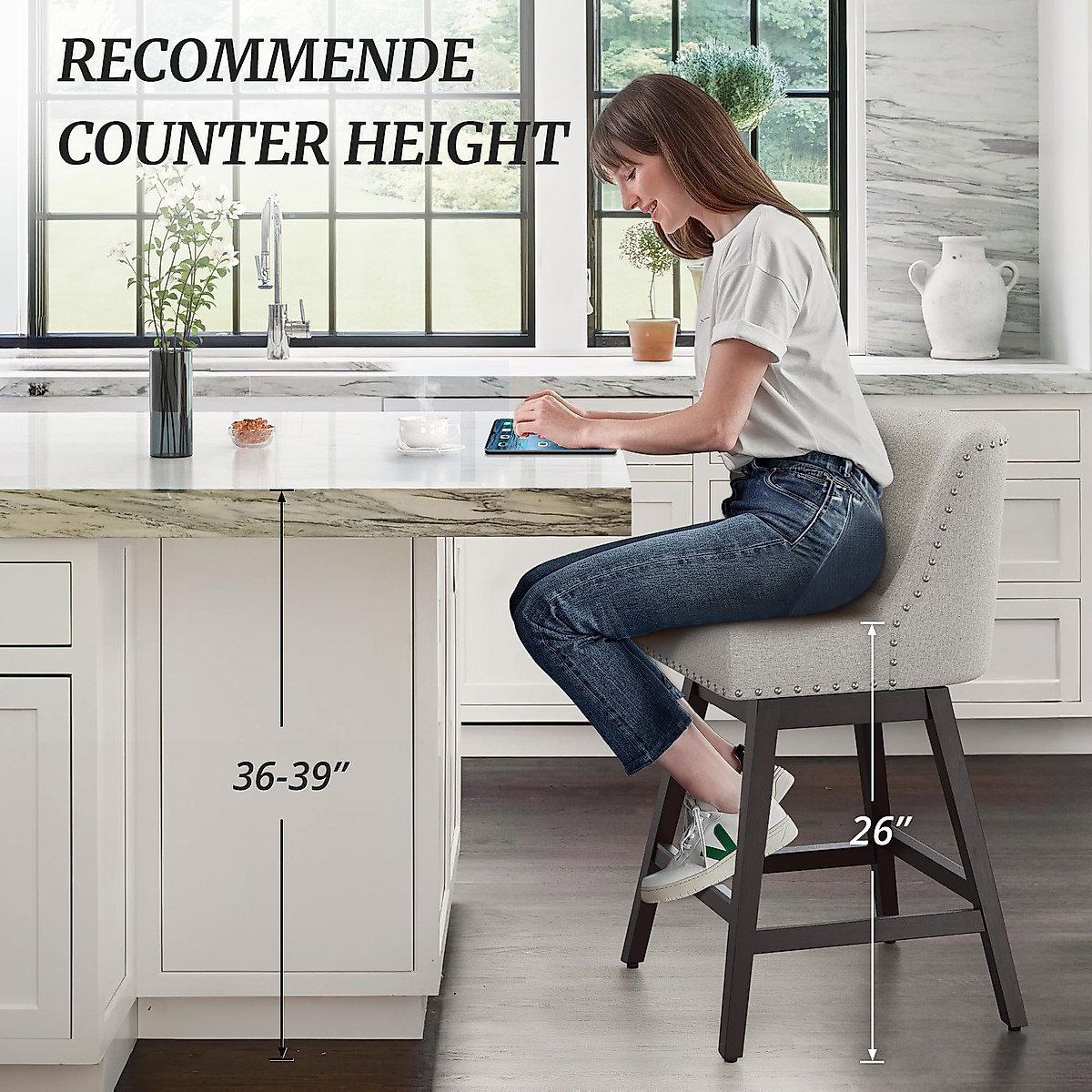 Cozyman 26 Inch Bar Stools Set of 3, Light Gray Swivel Counter Stools with Back, Linen Fabric Upholstered Barstools, Solid Wood Legs with Footrest, Modern Bar Stool for Kitchen Island, Pub