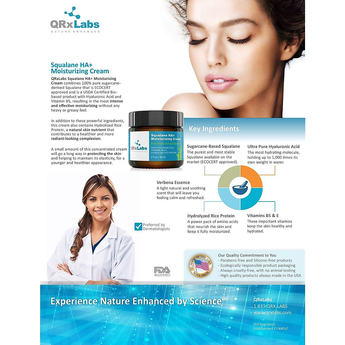 Pure Plant-Based Squalane HA+ Moisturizing Cream with Hyaluronic Acid – Organic ECOCERT Approved USDA Certified Squalane Derived from Sugarcane – Moisturizer For Face, Body & Skin - 2 fl / 60 ml