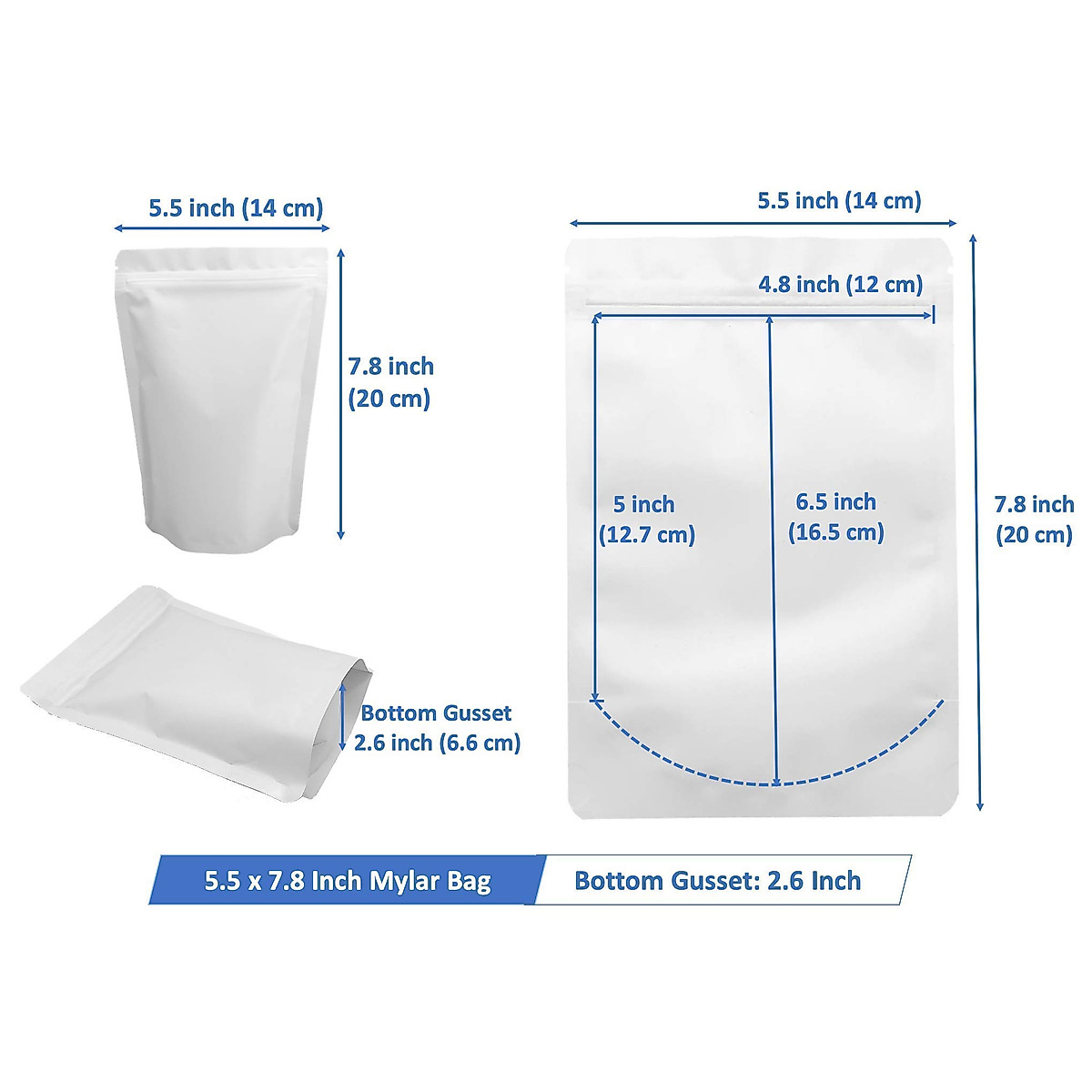 100 Pack 5.5x7.8 Inches Matte White and 100 Pack 6.3x9.4 Inches Matte Black Mylar Stand Up Bags