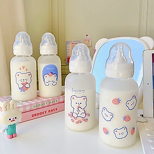 JHTPSLR Strawberry Bear Glass Water Bottle with Nipple Sippy 11oz Kawaii Water Bottle for Adults Sports Office Cute Frosted Borosilicate Drinking Bottle Portable Water Jug (B)