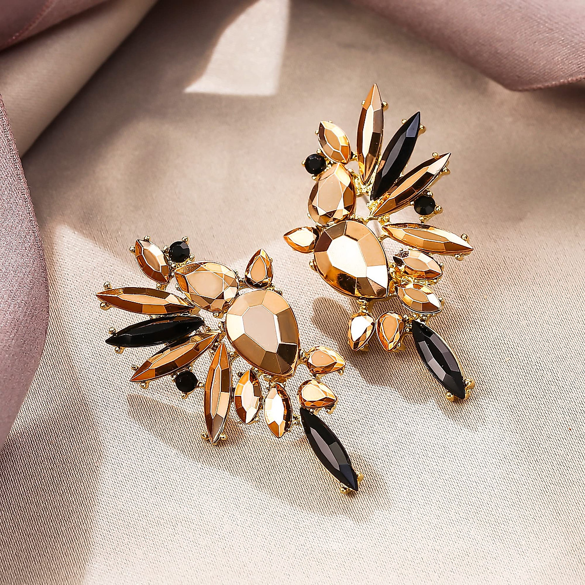 EVER FAITH Crystal Fashion Statement Earrings, Art Deco Marquise Teardrop Cluster Bling Colorful Dangle Earrings for Women Champagne Gold w/Black Gold-Tone