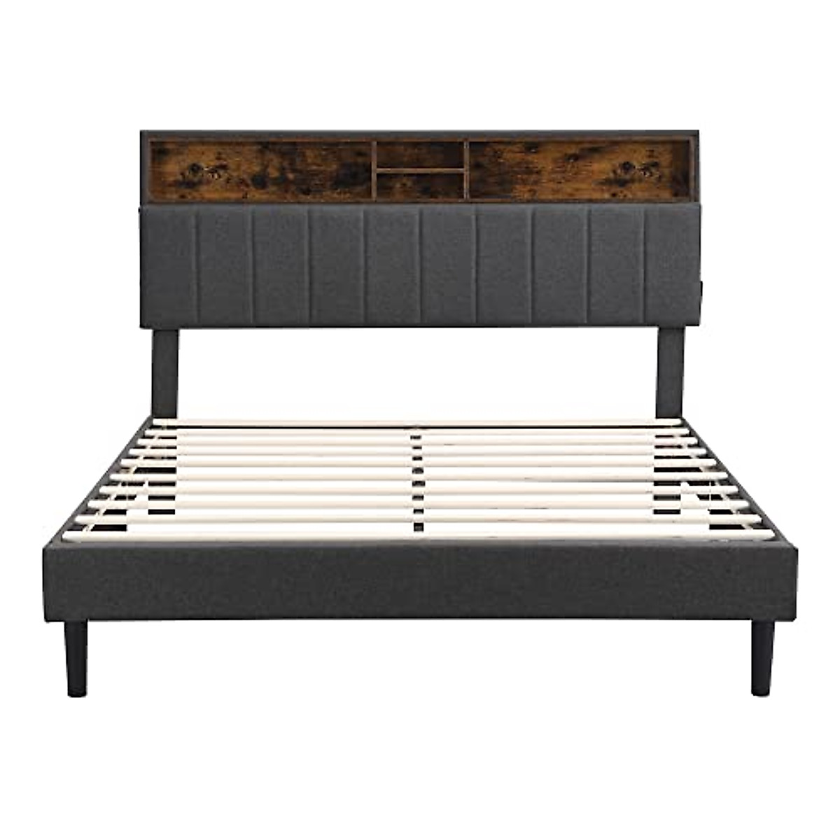 Merax Modern Upholstered Platform Bed with Storage Headboard and USB Port Wood Bed Frame No Box Spring Needed/Easy Assembly Full, Gray