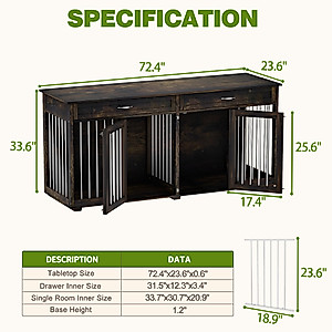 DAWNSPACES Dog Crate Furniture for Large Medium Dogs, 72" Heavy Duty Indoor Wooden Double Rooms Dog Kennel Table with Drawers & Divider, Funiture Style Dog Cage House TV Stand, Rustic Brown