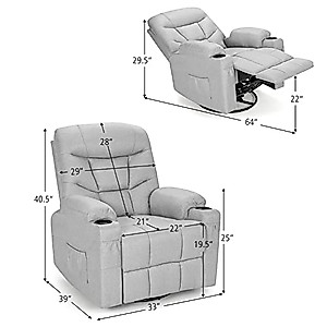 Giantex Swivel Rocker Recliner Chairs with Massage and Heating, 360 Degree Swivel Single Sofa w/Remote Control, 4 Pockets & 2 Cup Holders, Glider Chair for Nursery Living Room Bedroom (Grey)