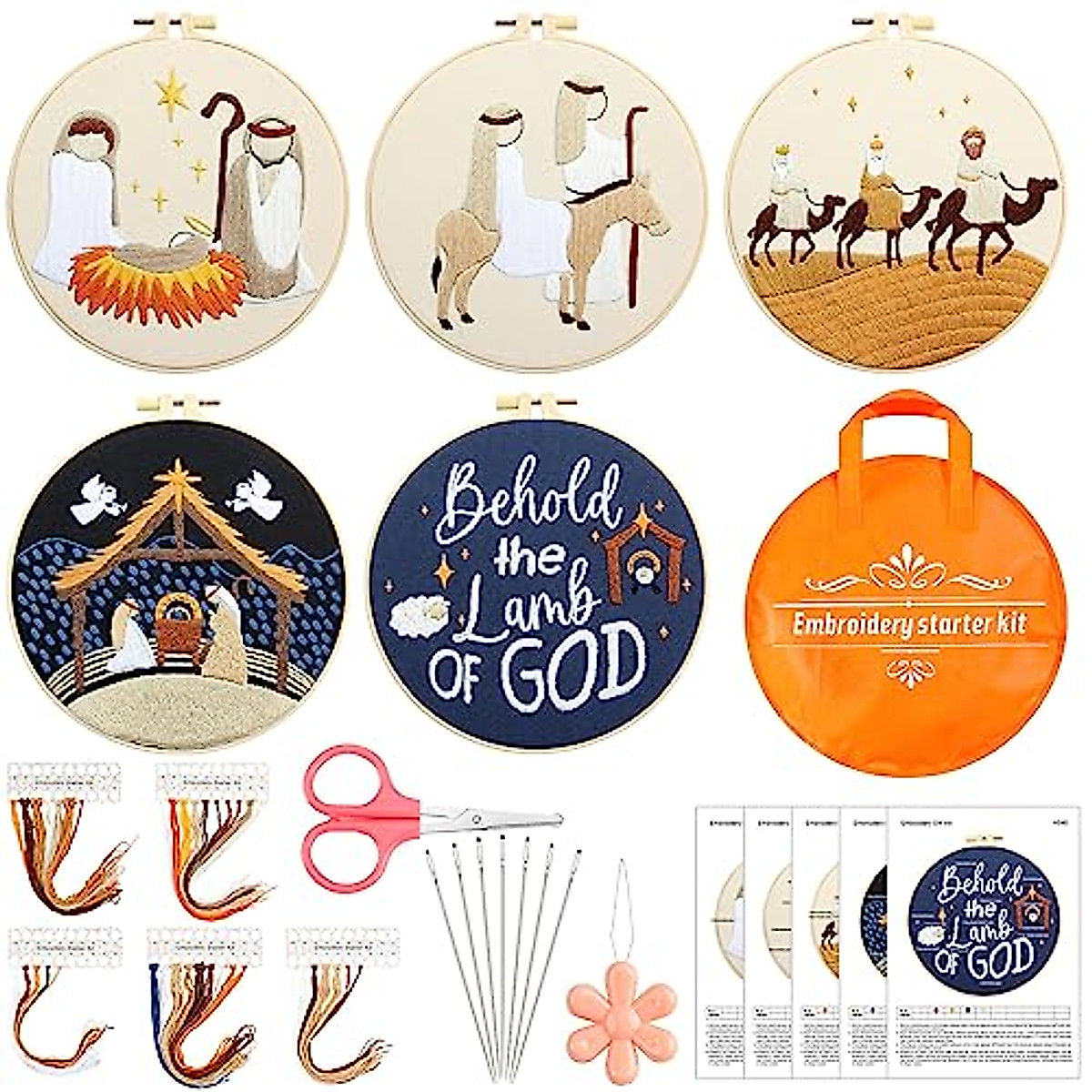 Tigeen 5 Sets Embroidery Starter Kit for Beginners Adults Kids Cross Stitch Embroidery Kit for Christian Christmas with Instructions Embroidery Hoops Needles Colored Threads Needle Threader (Jesus)