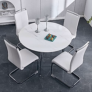 44.8" Round Dining Table for 4-6, Imitation Marble Grain Wood Round Kitchen Table with Plating Adjustable Heigh Legs, Suitable for Living Room, Kitchen & Dining Room, Waiting Room, White