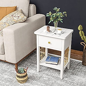 HOMPUS End Table with Draw & Shelf Sets of 2, 2 Pieces Bedside Table Sets, 2 Tier Wooden Small Side Table with Drawer, Accent Table Nightstand with Real Hemp Rope for Living Room, Bedroom