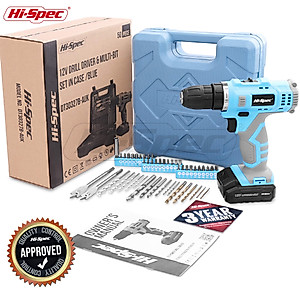Hi-Spec 50pc 12V Cordless Drill Driver Set Electric Battery Powered - Portable Tool Box and Bit Set， Power Drill Cordless for DIY Projects, Home Repair, and Professional Use