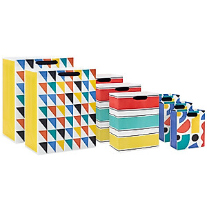 Hallmark Assorted Gift Bags (8 Bags: 3 Small 6", 3 Medium 9", 2 Large 13") Colorful Stripes, Triangles, Shapes