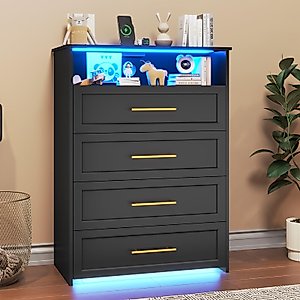 AOGLLATI Black Dresser for Bedroom with Charging Station, Chest of Drawer with Dual Led Light,4 Drawer Dresser, Modern Bedroom Led Wood Wide Dresser for Bedroom