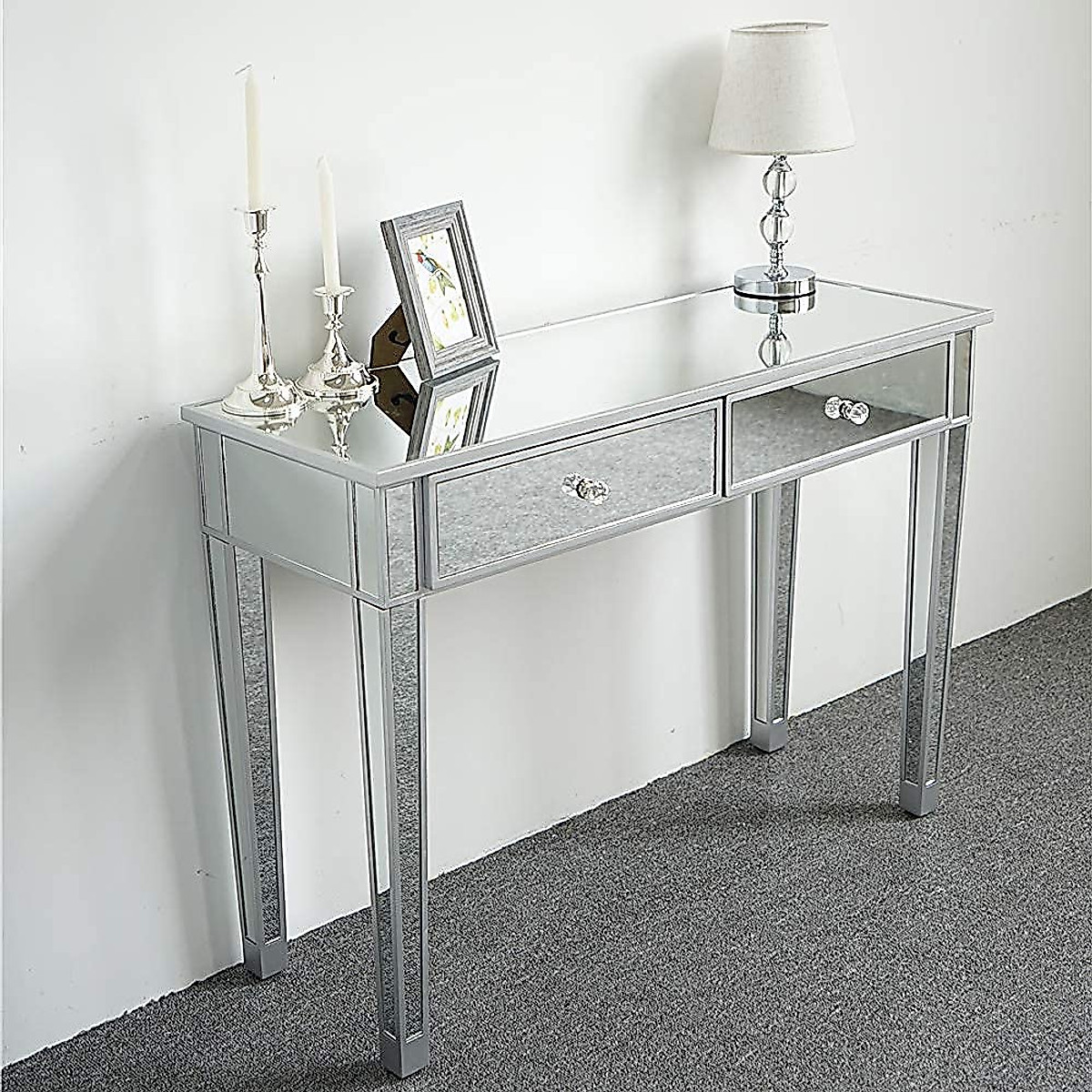 Mirrored Console Table with 2 Drawer, Silver Mirrored Makeup Dressing Table Vanity Desk, Modern Writing Desk Media Table for Bedroom Entryway Home Office