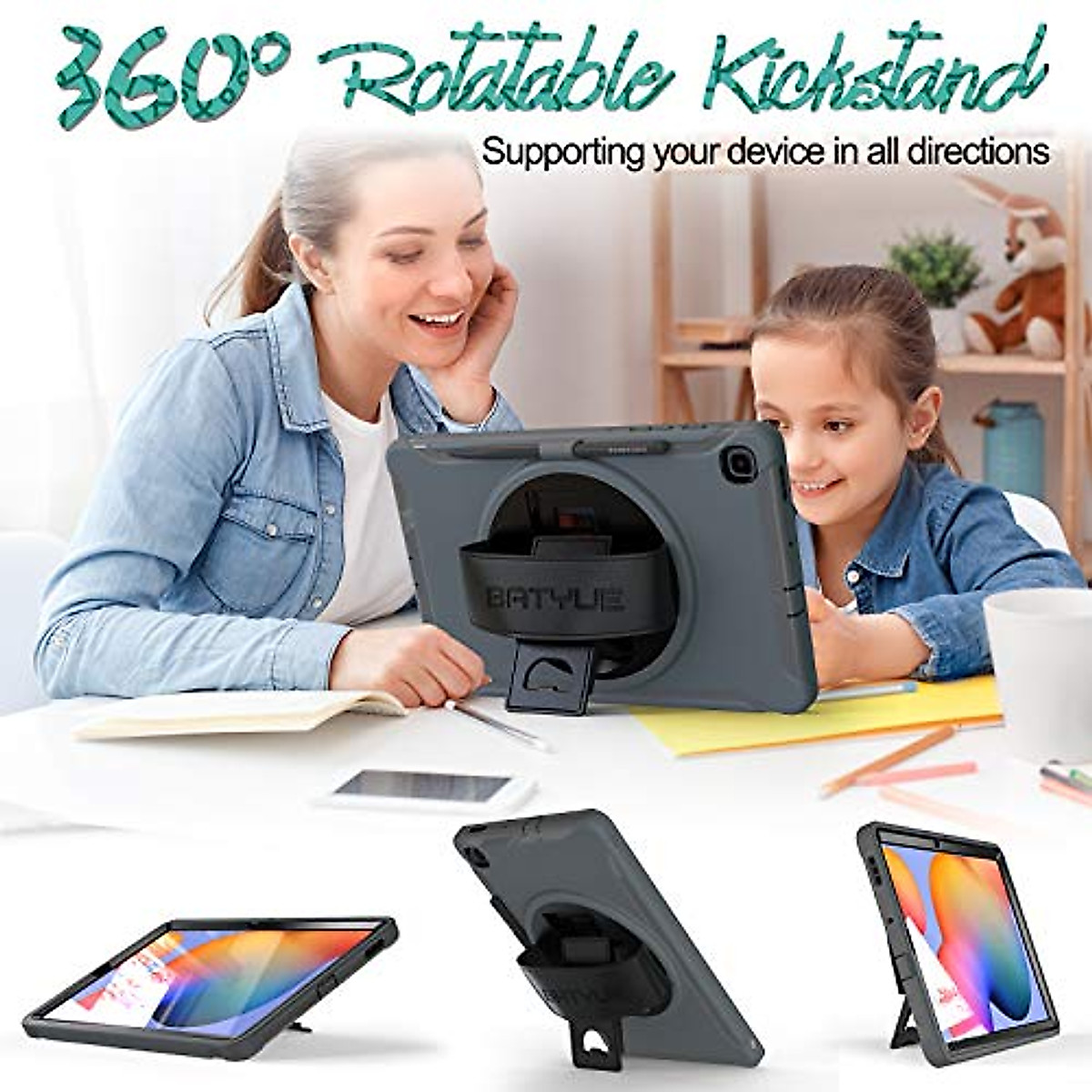 BATYUE Case for Samsung Galaxy Tab S6 Lite 10.4 Inch 2024/2022/2020 (SM-P610/P613/P615/P619/P620/P625/P627) ; Protective Rugged Cover with Rotating Stand, Pencil Holder, Hand Strap for Kids (Grey)