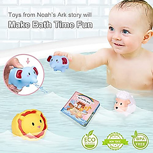 My First Noahs Ark 7 pcs Baptism Gift Set, Dedication, Christening and Baptism Gifts for Girl and Newborn Baby, Includes Bamboo Washcloth and Hooded Towel, Baby Bath Book, 3 Bath Toys and Gift Bag