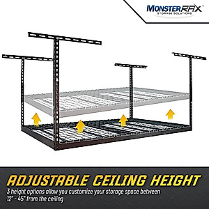 MonsterRax Overhead Garage Storage Racks 4x6, Ceiling Mounted Shelving, Adjustable Hanging Storage Organizer, Heavy Duty Steel, Holds 500 Pounds, Color: Hammertone, Adjusts 12"-21” off Ceiling
