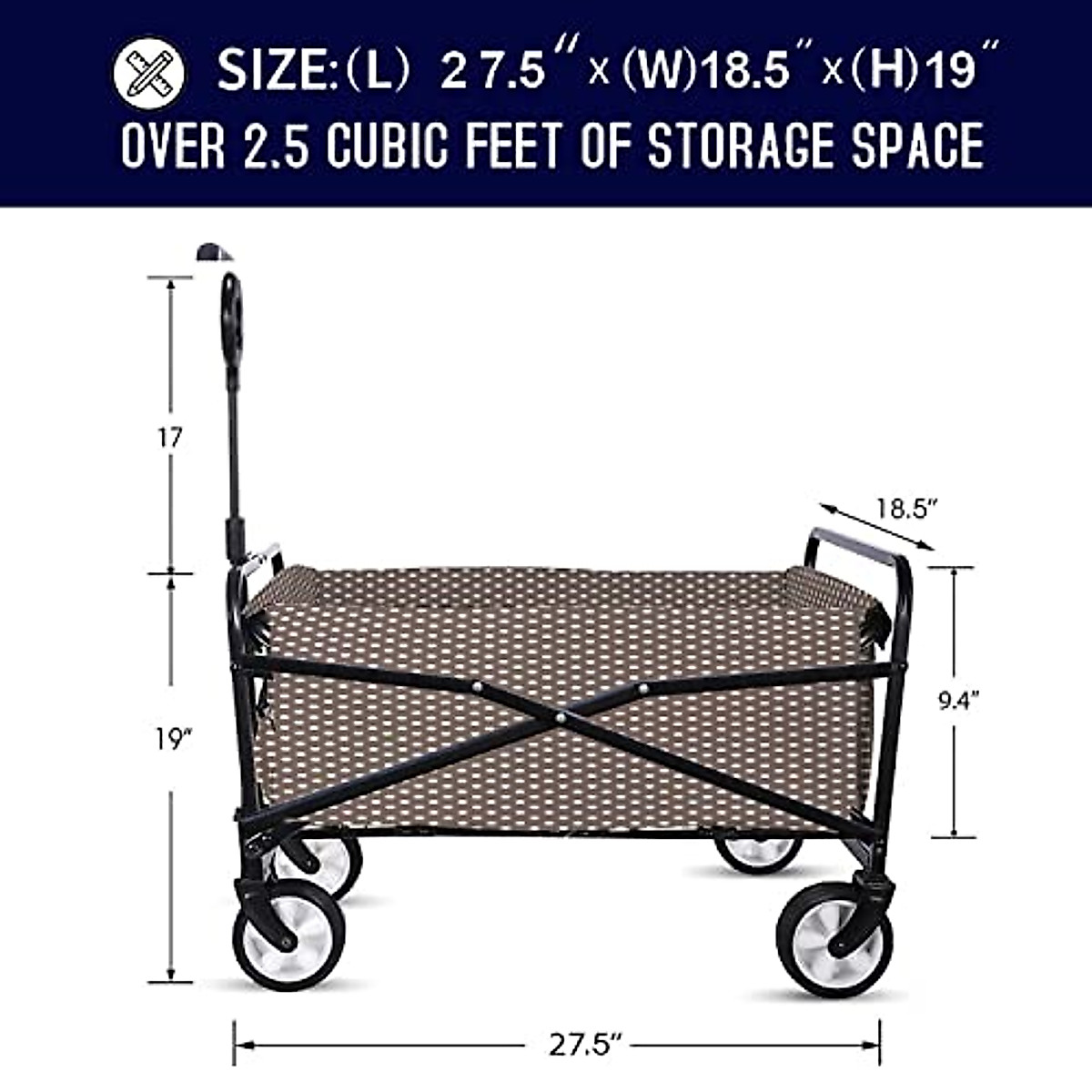 Collapsible Wagon Cart Tile White Polka dots on Brown Foldable Utility Wagon Large Capacity Garden Cart with Push Bar for Beach Camp Outdoor Shopping
