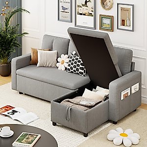FREDEES Sectional Sofa L-Shaped Sofa Couch Bed with Chaise & USB,Couch Sleeper Pull Out Bed & Storage Space, 3-seat Fabric Convertible Sofa, Pull Out Couch for Living Room, Grey