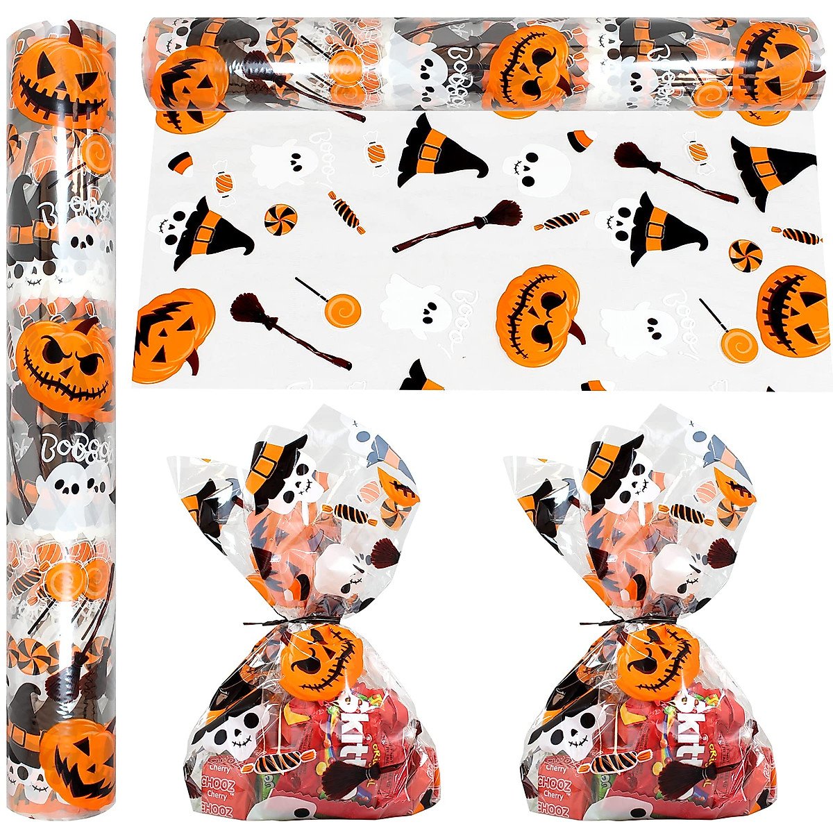 AnapoliZ Halloween Cellophane Wrap Roll | 100’ Ft Long X 16” in. Wide | 2.3 Mil Thick, Crystal Clear with Halloween Designs| Gifts, Baskets, Treats Cello Wrapping Paper | Pumpkin, Witches Cello Roll