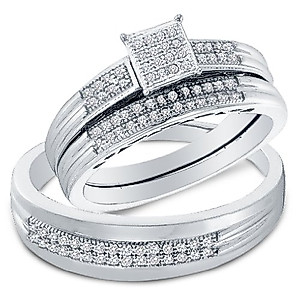Sizes - L = 4, M = 9.5 - 10k White Gold Diamond Micro Pave Mens And Ladies Couple His & Hers Trio 3 Three Ring Bridal Matching Engagement Wedding Ring Band Set (1/4 cttw.) - Please use drop down menu to select your desired ring sizes
