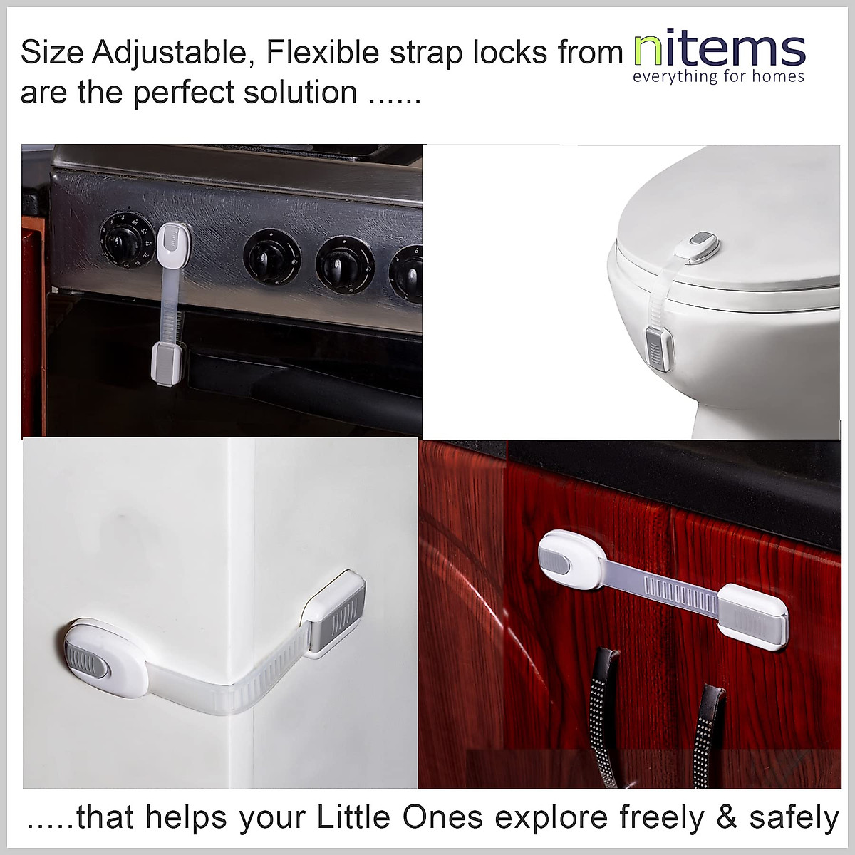 Easy to Install Nitems Cabinet Locks for Babies with Adhesive for Kitchen Cupboard Doors, Fridge, Toilet Seat, Improved Child Safety, No Trapped Fingers- 6Pack-4 Extra 3M (22cm Strap Length, 6.00)