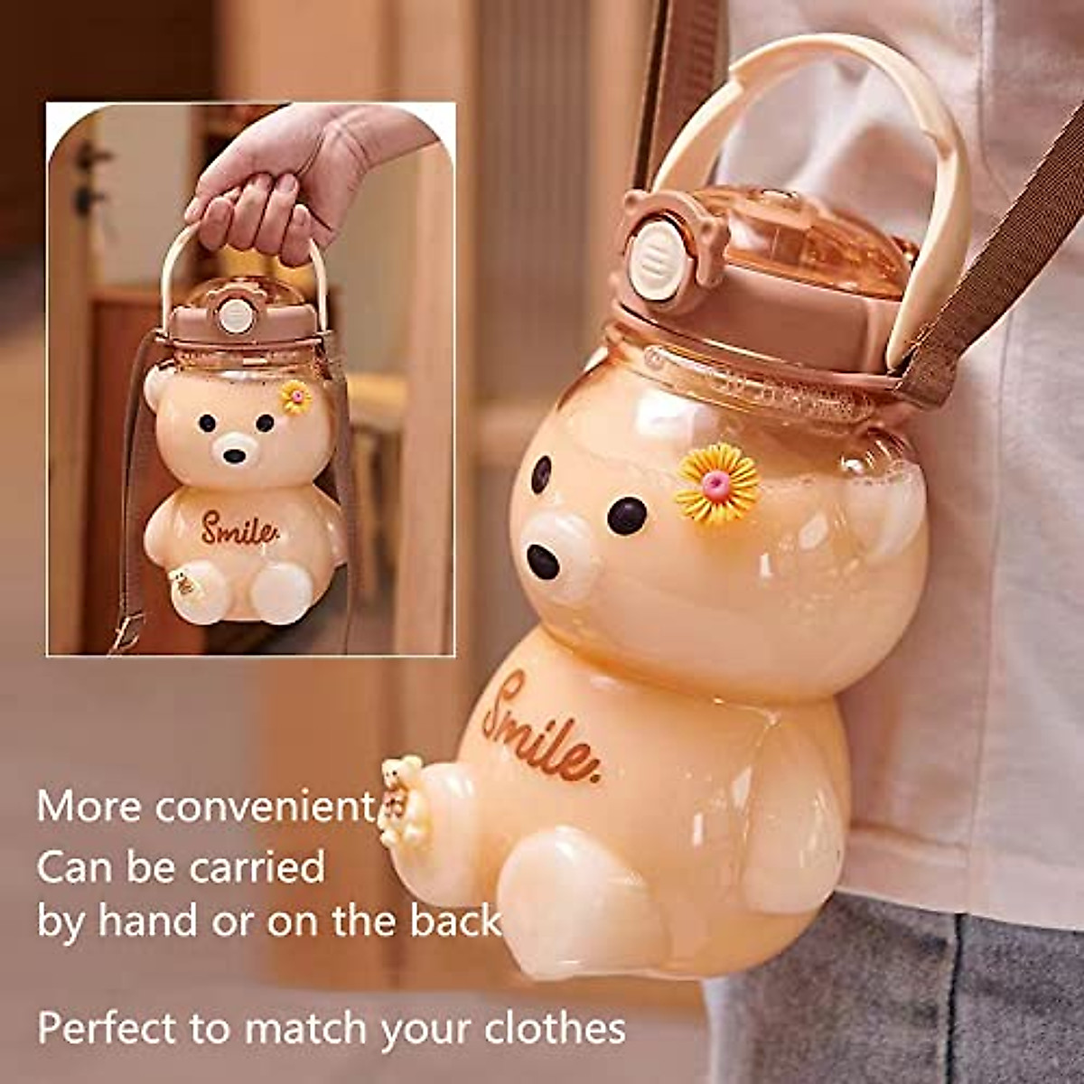 Xigugo Kawaii Bear Straw Bottle,Cute Water Bottles with Adjustable & Removable Shoulder Strap, Large capacity Straw Bottle for Outdoor and School Activities (brown 32oz)