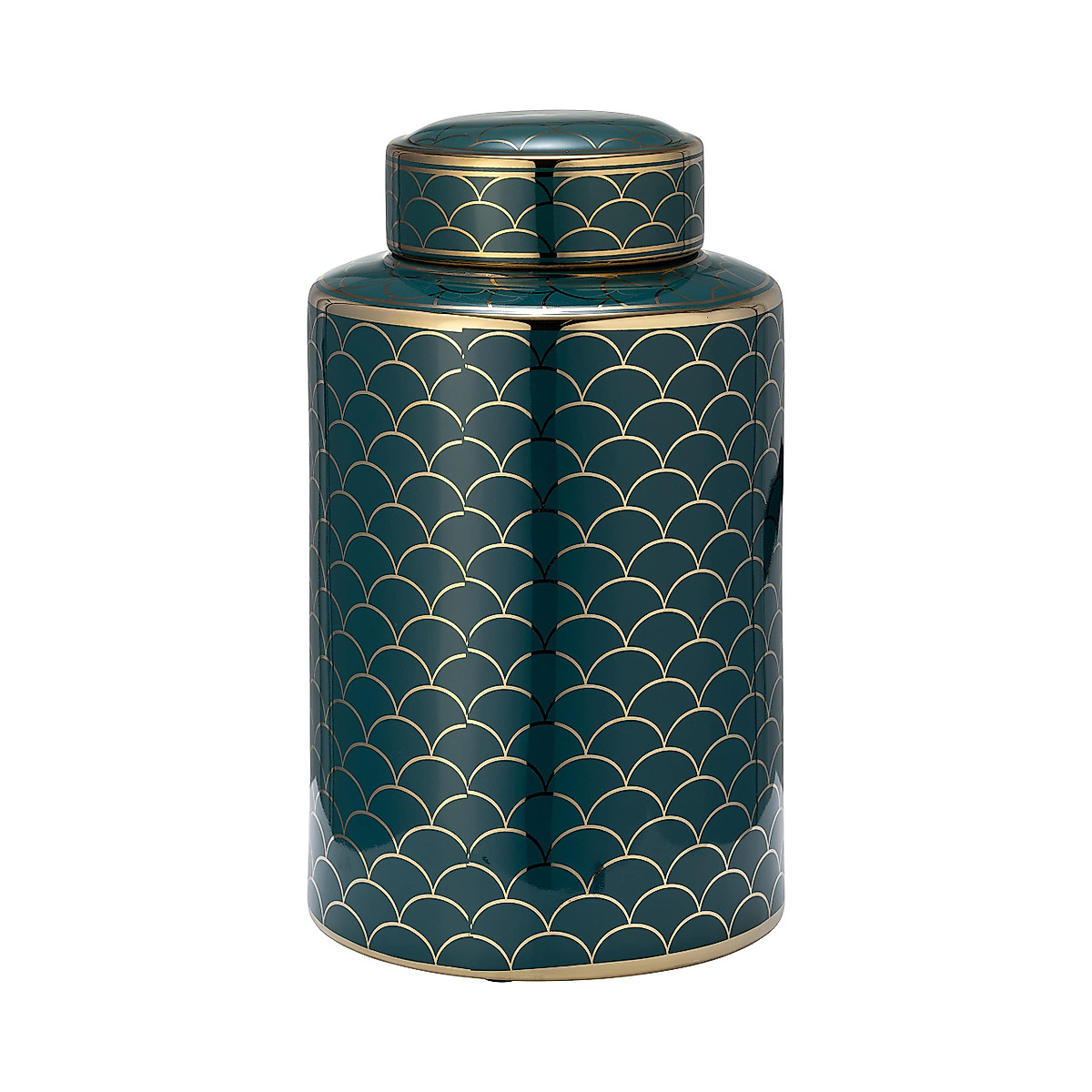 12" Jar with Lid - Modern Ceramic Dark Green and Gold Crackle Design Stoneware - Decorative Jar for Home or Office Accent