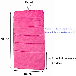 Amelitory Dual Side Clothing Hanging Shelves 15 Mesh Pockets Closet Storage Organizer with Metal Hanger Rosy