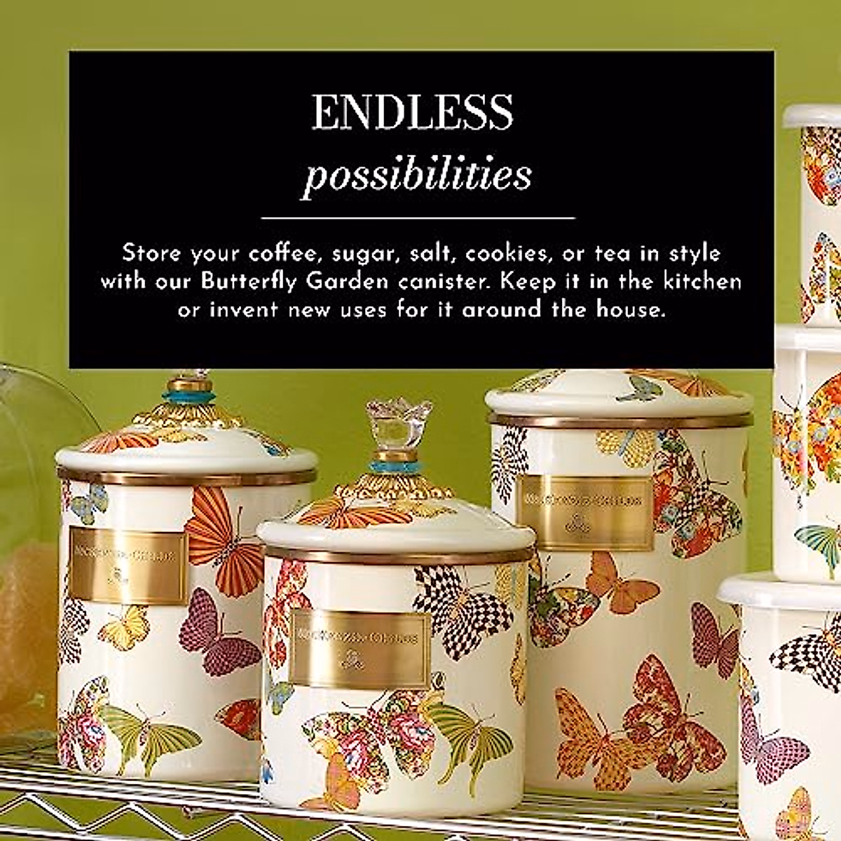 MacKenzie-Childs Butterfly Garden Canister with Lid, Decorative Food Canister, Medium, 1 Count (Pack of 1)