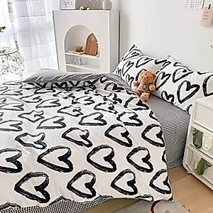 Wellboo Love Comforter Sets Queen Black and White Bedding Comforters Cotton Women Girls Heart Shaped Bed Quilts Brush Ink Love Pattern Quilts Adults Girls Modern Kawaii Black White Dorm Comforters