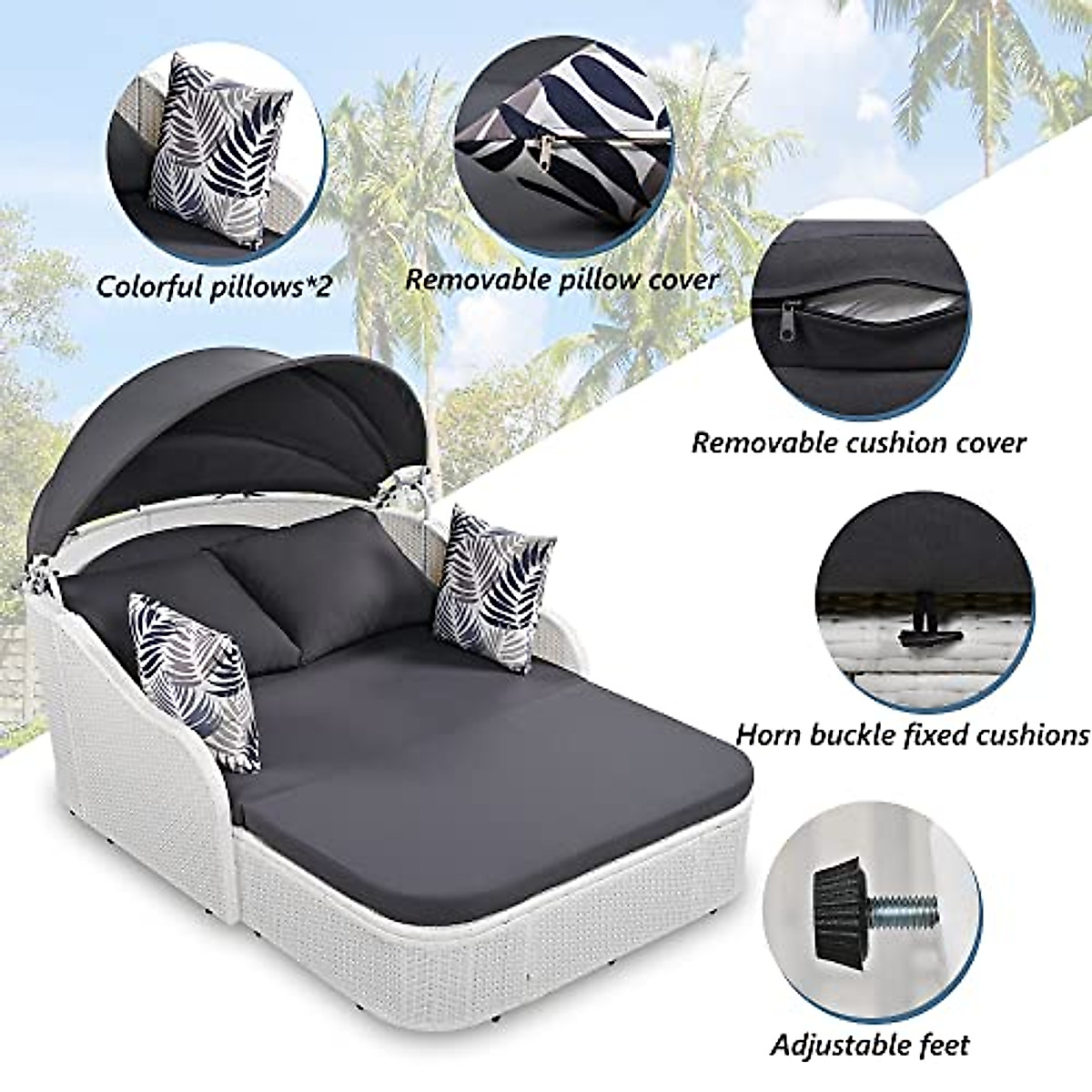 XYFDDWM 79.9" Outdoor Sunbed with Adjustable Canopy, Double Lounge, PE Rattan Daybed, White Wicker, Gray Cushion (White)