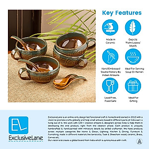 ExclusiveLane 'Amber & Teal' Soup Cups with Spoons & Handle | Set of 4, 300ml | Handpainted Ceramic Bowl for Kitchen | For Cereal Soup Rice Salad Oatmeal | Dishwasher & Microwave Safe | Ideal Gift