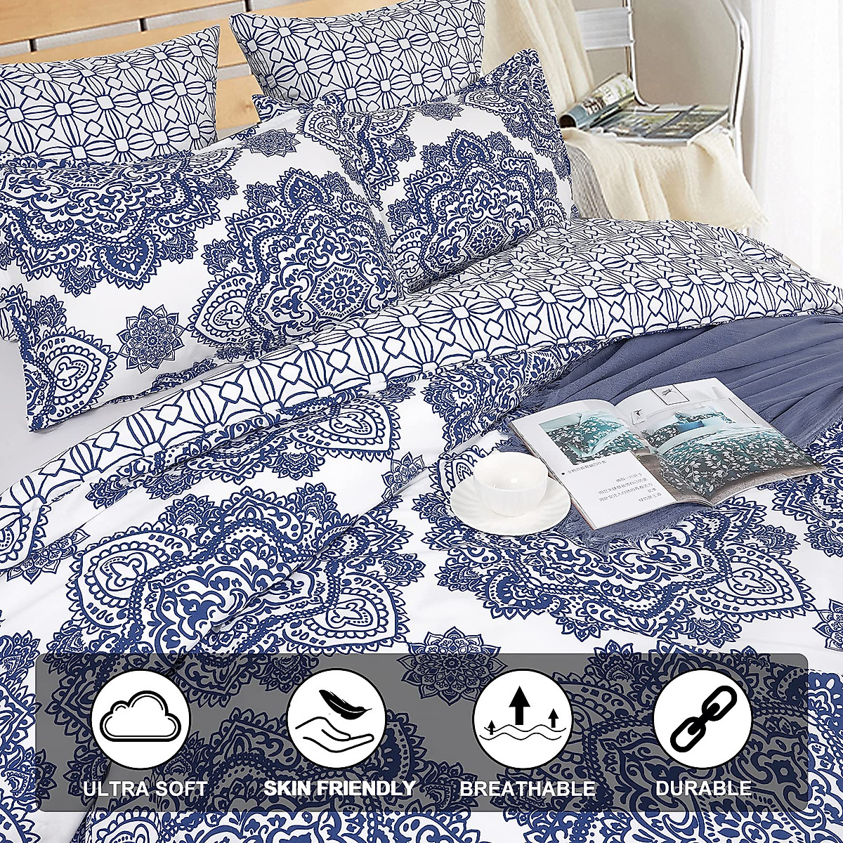PHF Ultra Soft Paisley Duvet Cover Queen Size, Printed Bedding Set 3 Pieces, Comfy Farmhouse Pattern Duvet Cover Set with 2 Pillow Shams, Zipper Closure and 8 Ties, 90"x90", Royal Blue & White