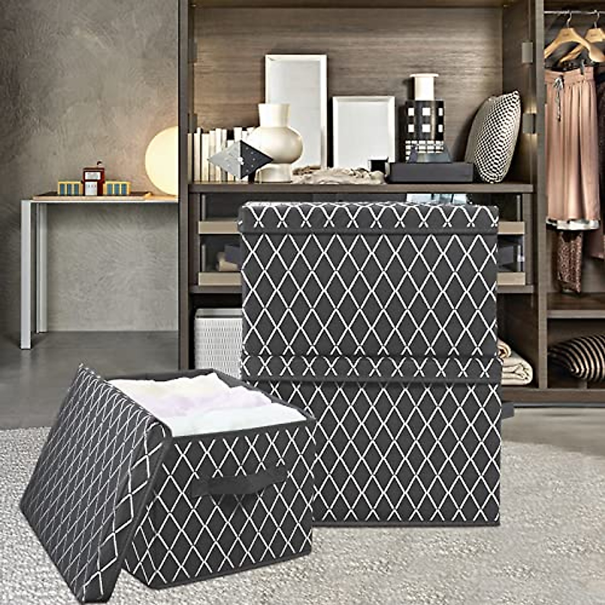 VERONLY Storage Bin with Lid Toy Boxes Organizer - Collapsible Fabric Storage Cubes Baskets with Durable Handles for Closet,Playroom,Shelves,Office,Nursery,Pantry(15.9x12x10.2 inches) - Set of 3 Grey