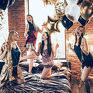 RUBFAC 65pcs 12 Inches Black Gold Confetti Balloons Kit, Metallic Gold and Black White Party Balloons with Ribbons for Birthday, Wedding, Baby Shower, Graduation Decorations