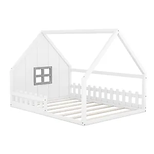 DEINPPA Full Size House Bed with Fence Guardrails, Kids Floor Bed with Roof Design and Window Design, Wood Bed Frame for Kids Toddler Boys Girls-White