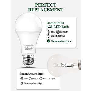 Bombubilla A21 LED Light Bulbs, 150-200W Equivalent 23W LED Bulb, 2500 Lumens, Daylight White 5000K, E26 Base, Non-Dimmable, Super Bright Light Bulbs for Home Office Shop Warehouse Garage, 6 Pack