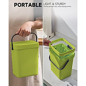 Compost Bin for Kitchen Countertop - MONGTINGLU 5L/1.3 Gal Hanging Small Trash Can with Lid, Kichen Under Sink Trash Can, Wall Mount Indoor Compost Bucket with Lid(Lime Green)