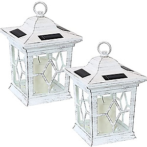 Sunnydaze Lucien Outdoor Solar LED Decorative Candle Lantern - Rustic Farmhouse Decor for Patio, Porch, Deck and Garden - Tabletop and Hanging Outside Light - Set of 2 - White - 9-Inch