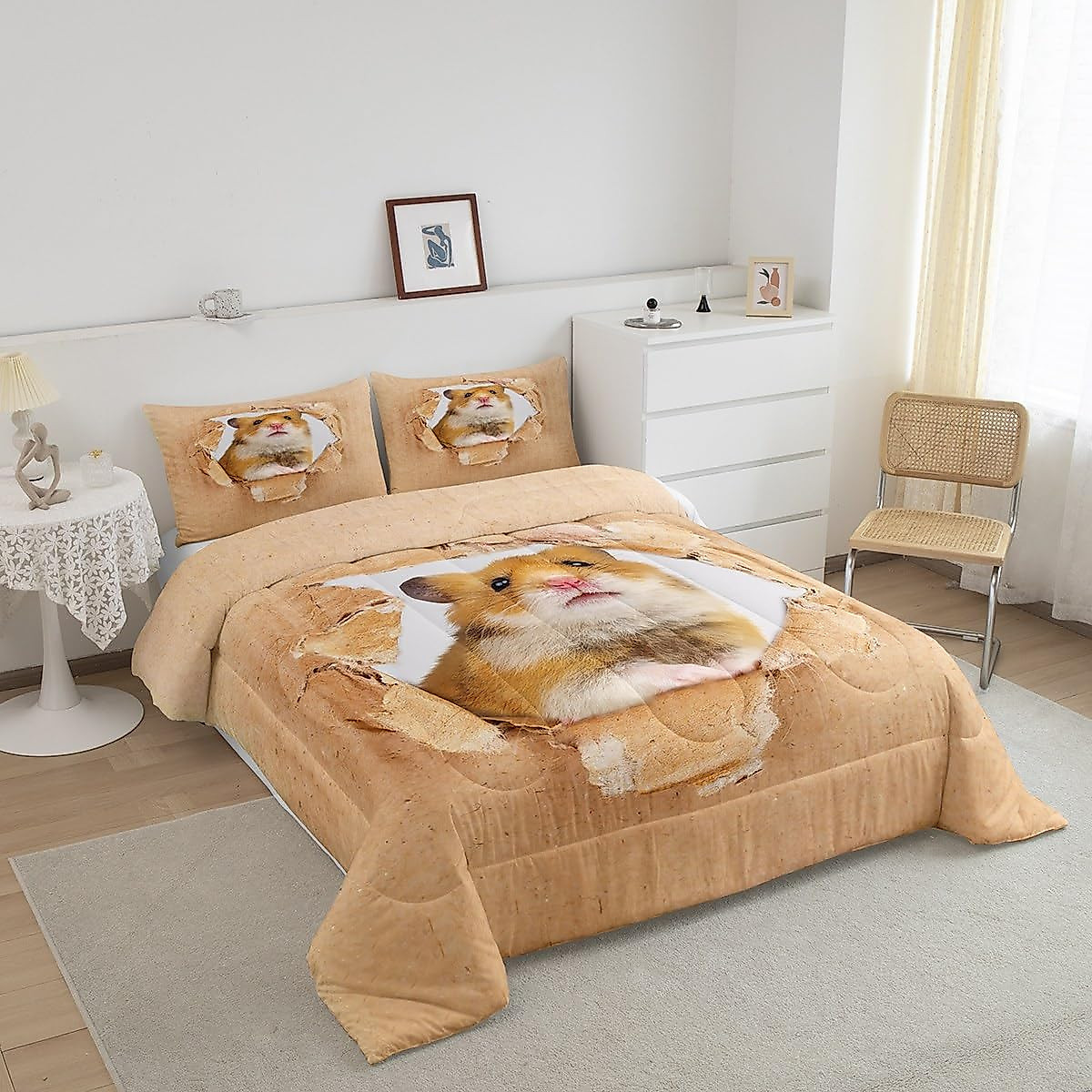 Erosebridal Hamster Comforter Set Twin Size Brown Mouse Bedding Set 3D Cute Animal Down Comforter Kawaii Pet Bedroom Decor Warm Soft Quilt Set for Kids Boys Girls Teens