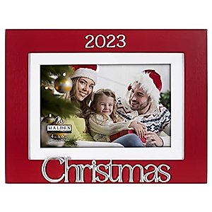 Malden International Designs 4x6 or 5x7 2023 Matted Christmas Picture Frame Silver Finish Christmas Word Attachment Red Wood MDF Frame White Beveled Mat, Black