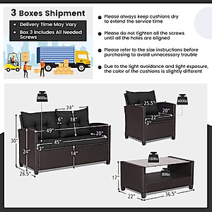 HAPPYGRILL 4 Pieces Patio Furniture Set Outdoor PE Rattan Conversation Set with 2-Tier Coffee Table, Extra Storage Shelf and Cushions, Patio PE Wicker Sofa Set for Garden Backyard Poolside