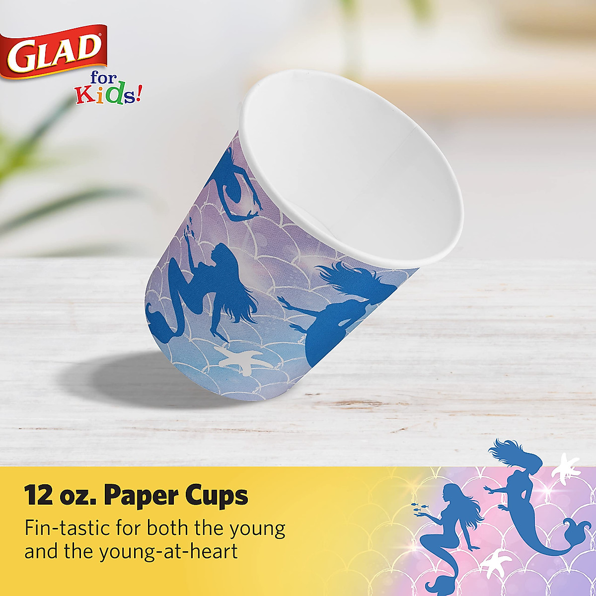 Glad for Kids Mermaids 12oz Paper Cups Soak Proof | Mermaids Kids Drinking Cups 12 Ounces | Mermaids Paper Cups for Everyday Use | 12 oz Paper Cups 20 Ct