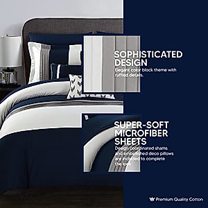 Chic Home Ayelet 10 Piece Comforter Set Color Block Ruffled Bag Bedding, Queen, Navy