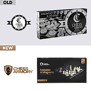Chess Armory Travel Set 9.5" x 9.5"- Mini for Kids with Folding Magnetic Board Storage Box, & 2 Extra Queen Pieces - Portable Game