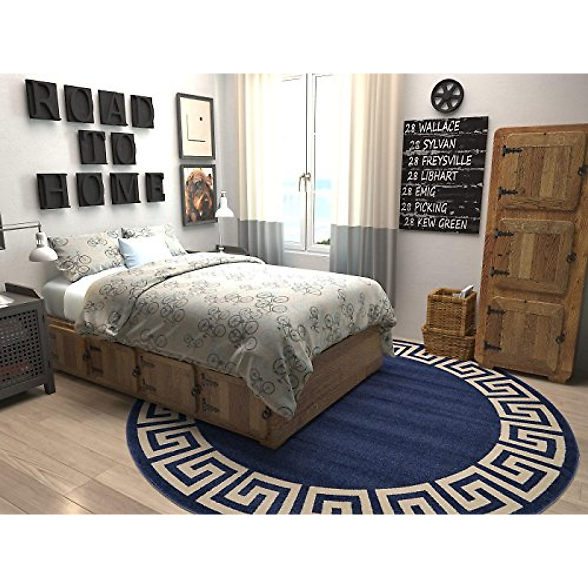 Unique Loom Athens Collection Classic Geometric Modern Border Design Area Rug, Round 8' 0" x 8' 0", Navy Blue/Beige