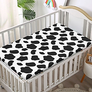 Cow Print Themed Fitted Mini Crib Sheets,Portable Mini Crib Sheets Soft & Stretchy Polyester Fitted Crib Sheet -Crib Mattress Sheet or Toddler Bed Sheet,24“ x38“,White Black